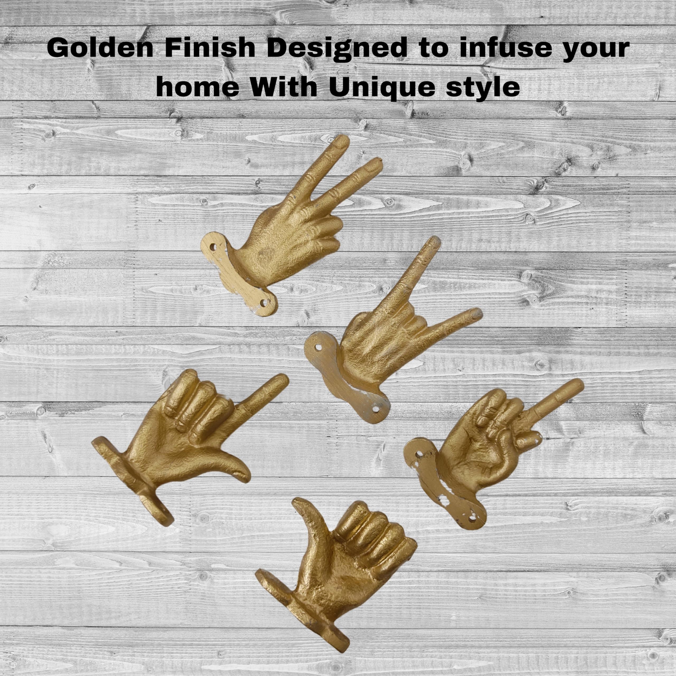 AYZCORP Set of 5 Hand Gesture Decorative Wall Hooks, 4 Inches High-Peace Sign-Rock On-Fun Finger-Thumbs up & Pointing Finger Gestures. Unique Stylish Key or Towel Hangers (Gold)