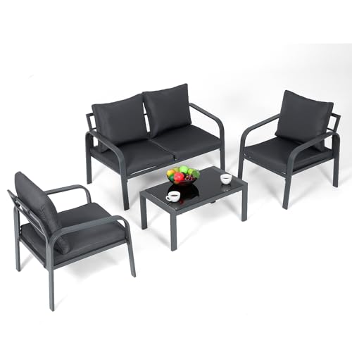 Athena Collection Patio Furniture Set 4 Pieces Outdoor Conversation Sets with Coffee Table & Cushions, All Weather Bistro Chairs Set for Balcony, Lawn, Garden, Poolside, Black