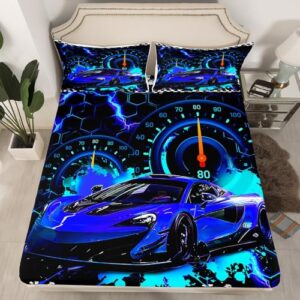 feelyou kids blue race car bedding set twin size, speed sports car bed sheet set boys girls for racing car fitted sheet extreme sports bed cover bedroom decor with 1 pillow case (no flat sheet)