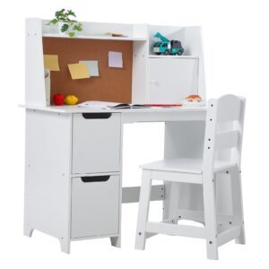 kids study desk and chair set with storage - white learning table with bookshelf and cabinets for boys and girls ages 3-8