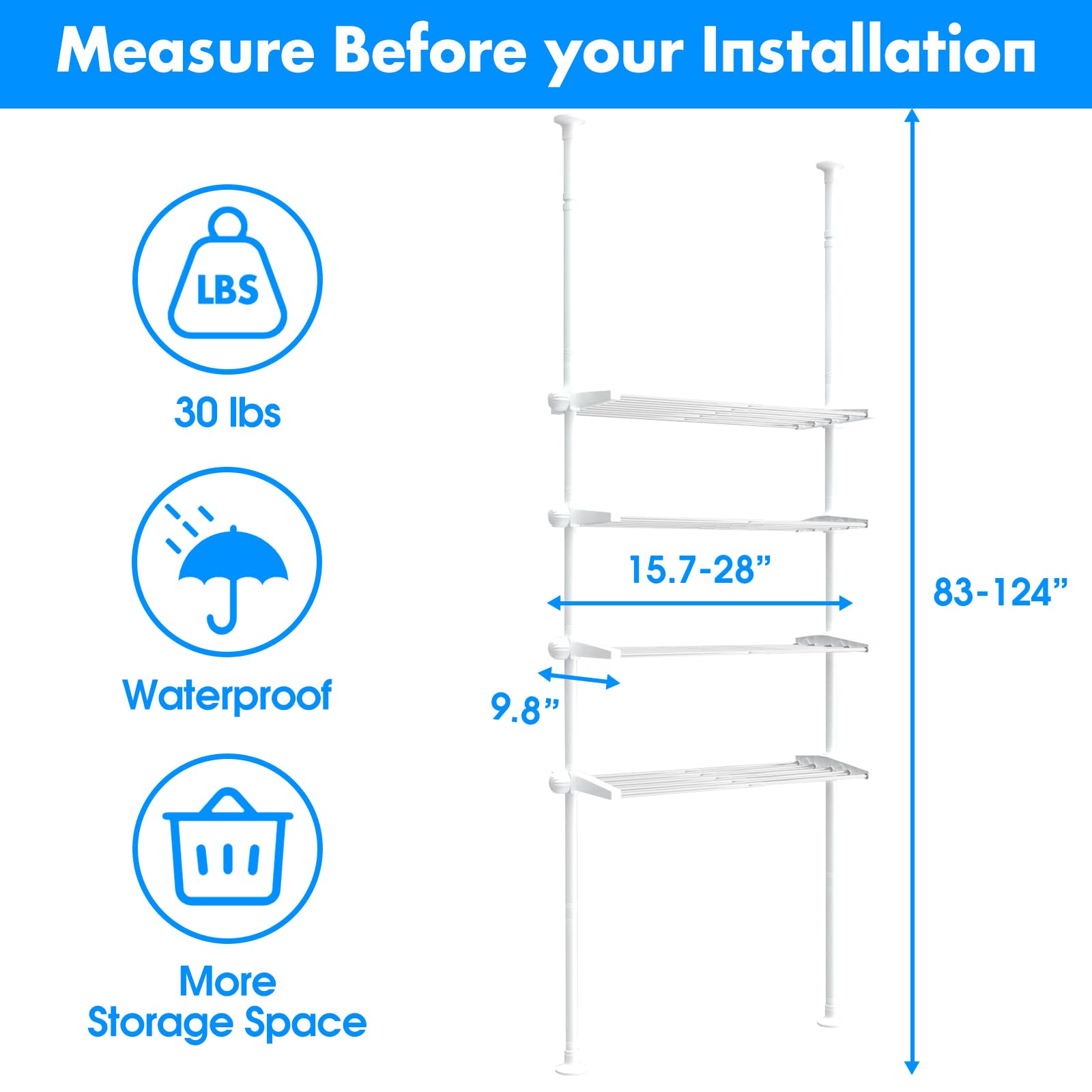 BsBsBest Over The Toilet Storage, 91-124 Inch Adjustable Bathroom Organizer, 4-Tier Toilet Rack Storage Shelf, Stainless Steel Bathroom Organizer, Spacesaver, White