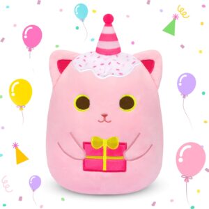 leokawin birthday plush pillow,birthday cat stuffed animal toy,cute pinks cat stuffed animal with gifts, happy birthday cat plush toy,soft cat plushie birthday gifts for kids girl