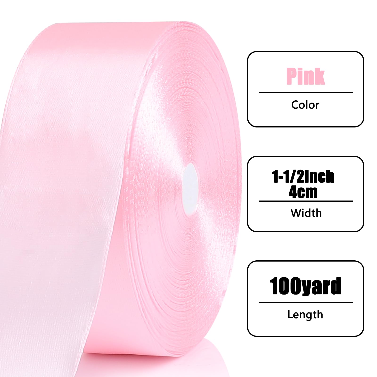 NESCCI 100 Yards Ribbon,1-1/2 Inch Pink Satin Ribbon,Single Face Satin Ribbons,Perfect for Gift Wrapping,Wedding Decoration,Handmade Bows, Wrapping Bouquet and More