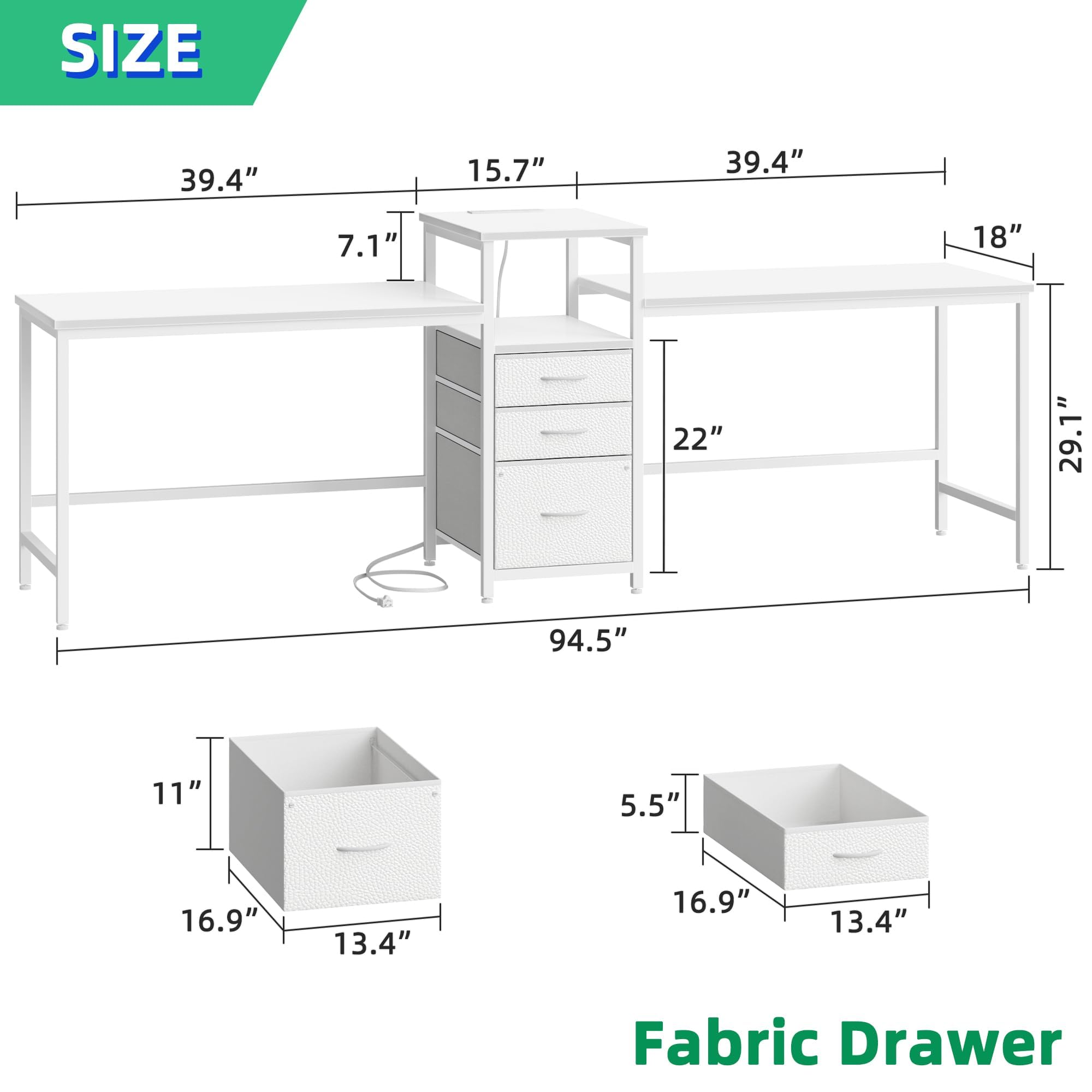 GYIIYUO 94.5'' Two Person Desk with Charging Station, Long Desk with 3 Drawers and Printer Shelf, Double Computer Desk, Fabric Drawers, 2 Person Writing Study Table Workstation for Home Office, White