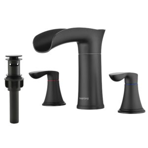 watersong waterfall bathroom faucet, 2-handle 2 or 3 holes vanity farmhouse rv lavatory vessel faucet 4 inch centerset, bathroom sink faucet mixer tap washbasin faucet, pop up drain, matte black