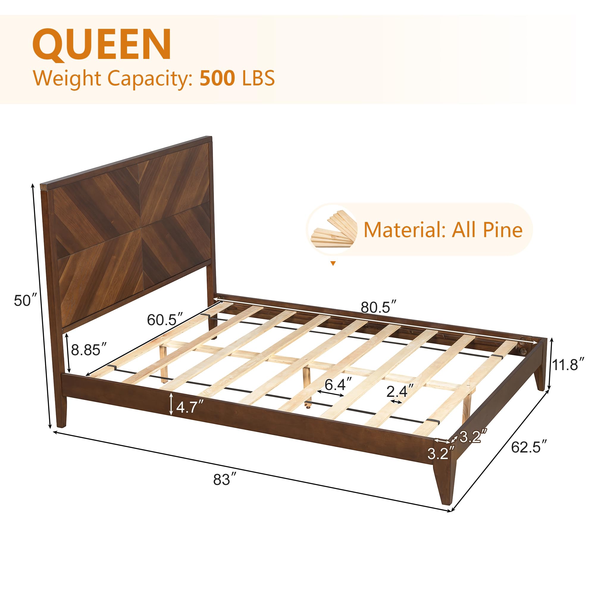 Dolonm Queen Bed Frame, Mid-Century Modern Platform Bed with 50" High Headboard, Under Bed Storage, Wooden Bed Frame with Slat Support, No Box Spring Needed, Walnut