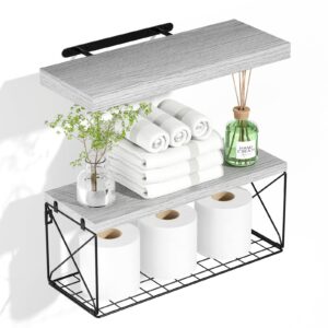 gigecor bathroom shelves with wire storage basket, floating shelves for wall decor storage, wood wall shelves for bathroom, living room, kitchen and bedroom (white)