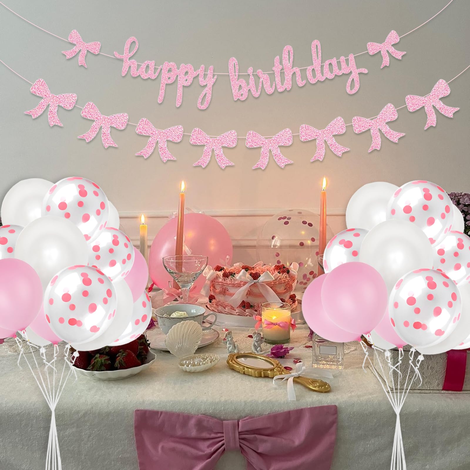 Pink Bow Birthday Party Decorations,Coquette Birthday Decorations Girl Bow Theme Birthday Party Decor Pink Bow Balloon Bow Happy Birthday Banner for Girl 1st 2nd Birthday