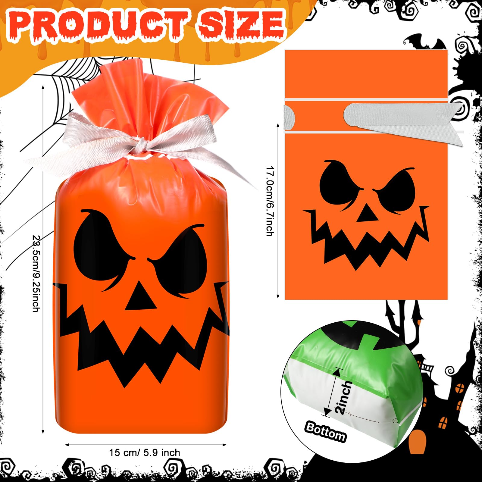 Teenyyou 50 Pcs Halloween Drawstring Treat Bags Halloween Candy Bag Halloween Plastic Snack Bag with Drawstring Halloween Theme Goodie Bag for Halloween Trick or Treat Party Favor Supplies