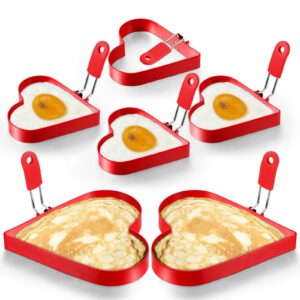 patelai 6 pcs nonstick pancake ring 6'' and 4'' stainless red heart egg rings set heart shaped pancake mold egg rings with red silicone handle for breakfast love omelette sandwich