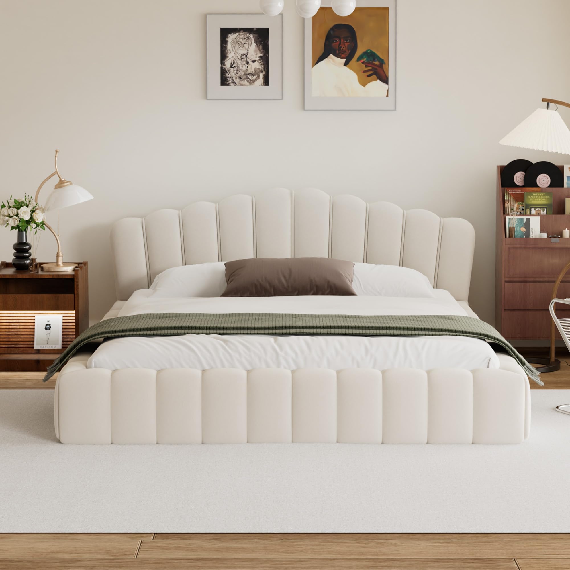 jurmiture Velvet Upholstered Queen Bed Frame, Floor Bed Shell-Shaped Headboard for Bedroom, No Box Spring Needed, Beige