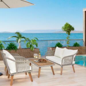 Outvita Patio Furniture 4pcs Outdoor Conversation Sofa Set with Gray Sofa&White Cushion Coffee Table, Loveseat and Single Chair for Backyard Garden Terrace Balcony