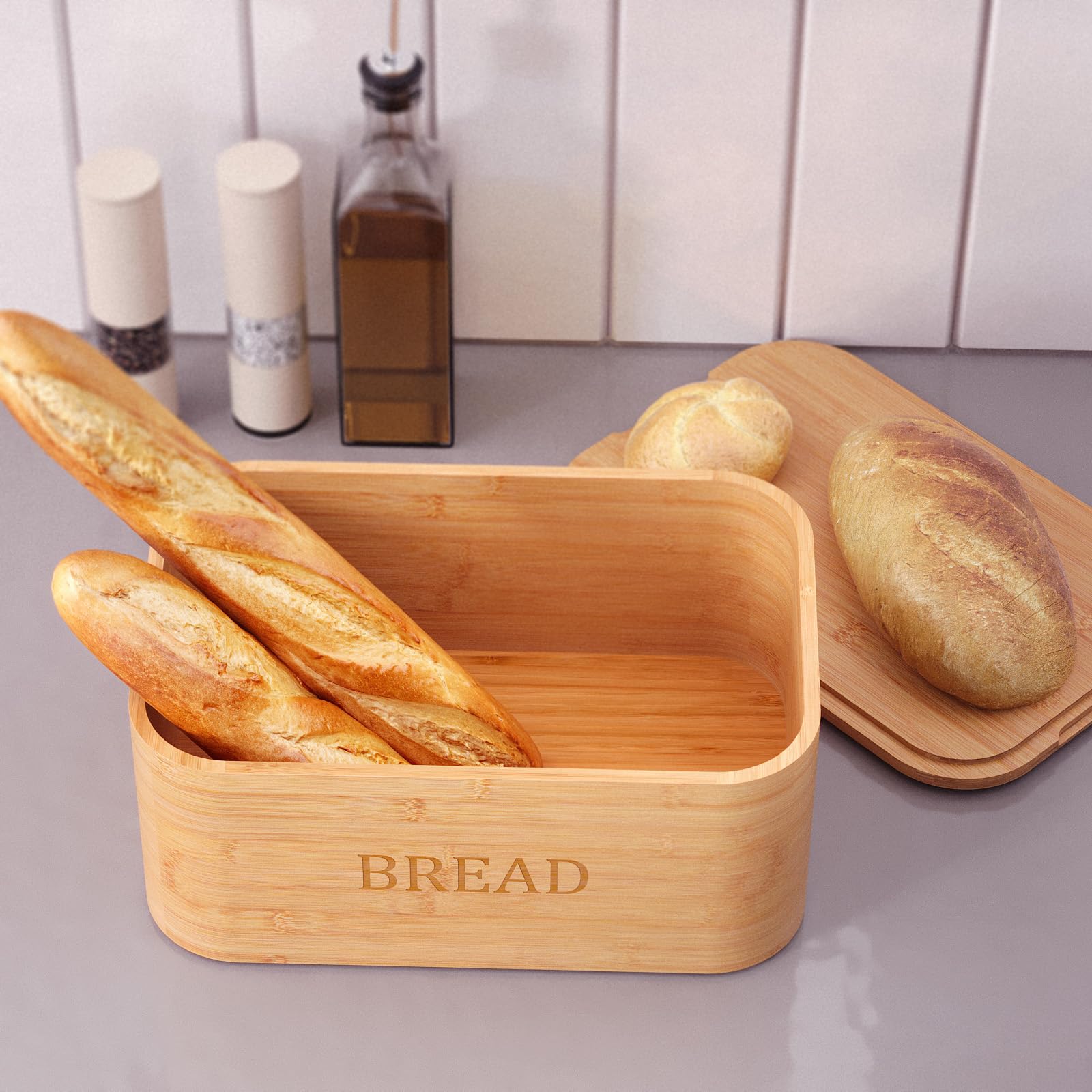 Danfoxer Bamboo Bread Box for Kitchen Countertop,Curved Bamboo Bread Boxes with Cutting Board Lid,Wooden Bread Storage,Bread Container Airtight,Food Storage for Kitchen Counter(Natural)