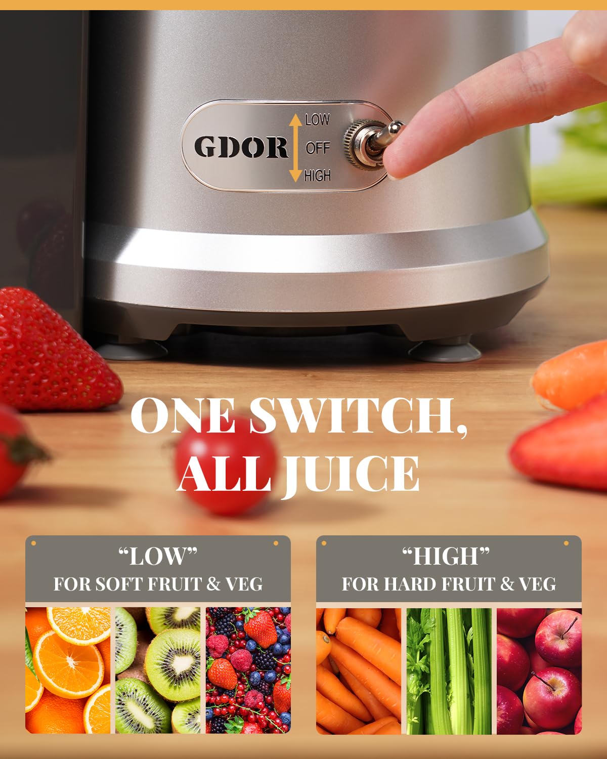 GDOR Powerful 1200W Juicer with Larger 3.2" Feed Chute, Titanium Enhanced Cutting System, Centrifugal Juice Extractor Maker with Heavy Duty Full Copper Motor, Dual Speeds, BPA-Free, Silver