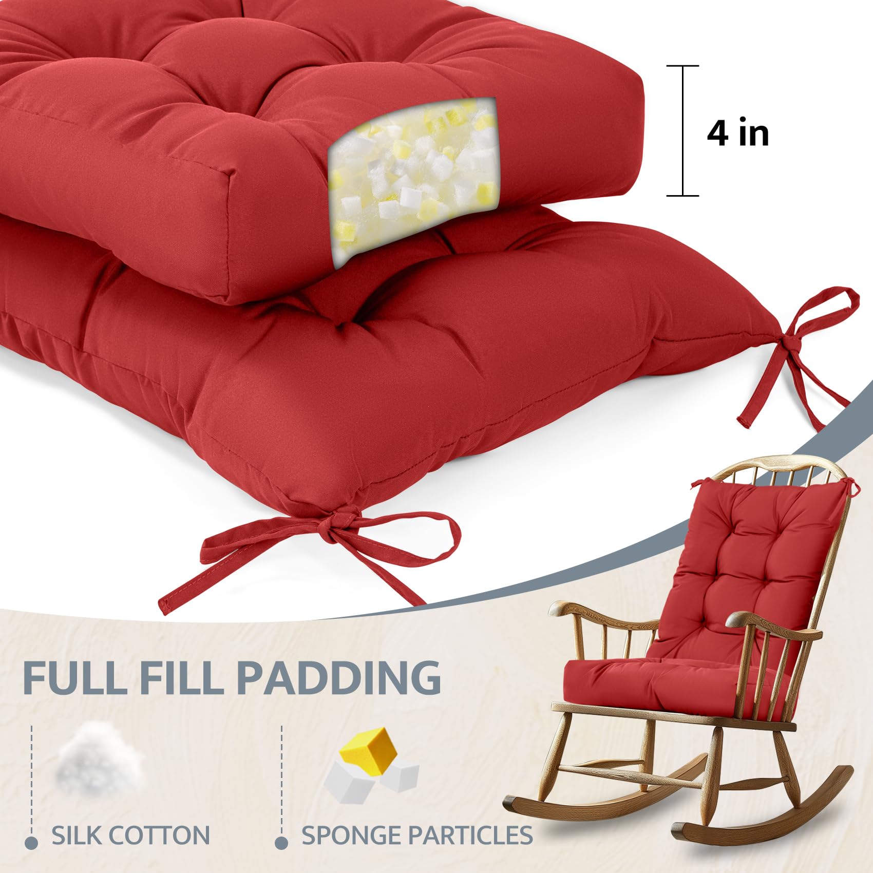 mudilun Rocking Chair Cushion Non-Slip Tufted Indoor/Outdoor Rocking Chair Cushions 80% Water Proof with Straps for Living Room Baby Room Garden High Back Rocking Chair Pads (Red)