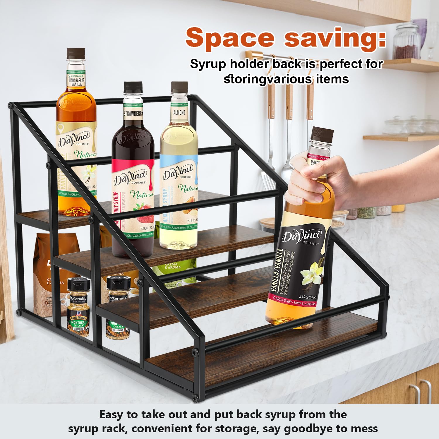 YQBRAO Coffee Syrup Organizer, 4-Tier 16 Bottles Coffee Syrup Rack for Coffee Bar, Coffee Syrup Stand for kitchen coffee station, Coffee Syrup Holder for Syrup, Wine, Dressing