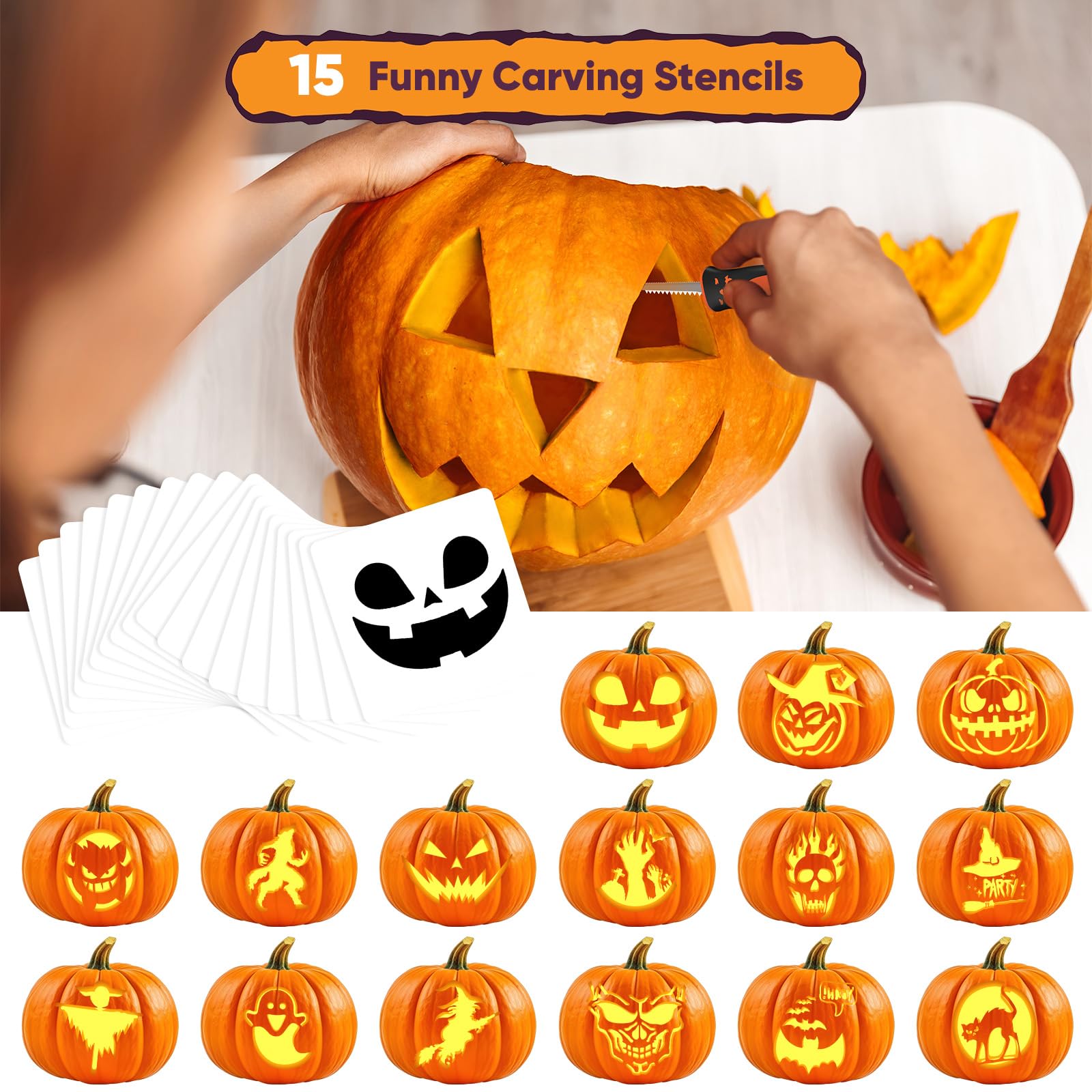 Halloween Pumpkin Carving Kit Tools: 31 PCS Heavy Duty Stainless Steel Pumpkin Carving Tools with Stencils, Candle Lights, Storage Bag, DIY Pumpkin Decorating Kit Halloween Gifts for Kids and Adults