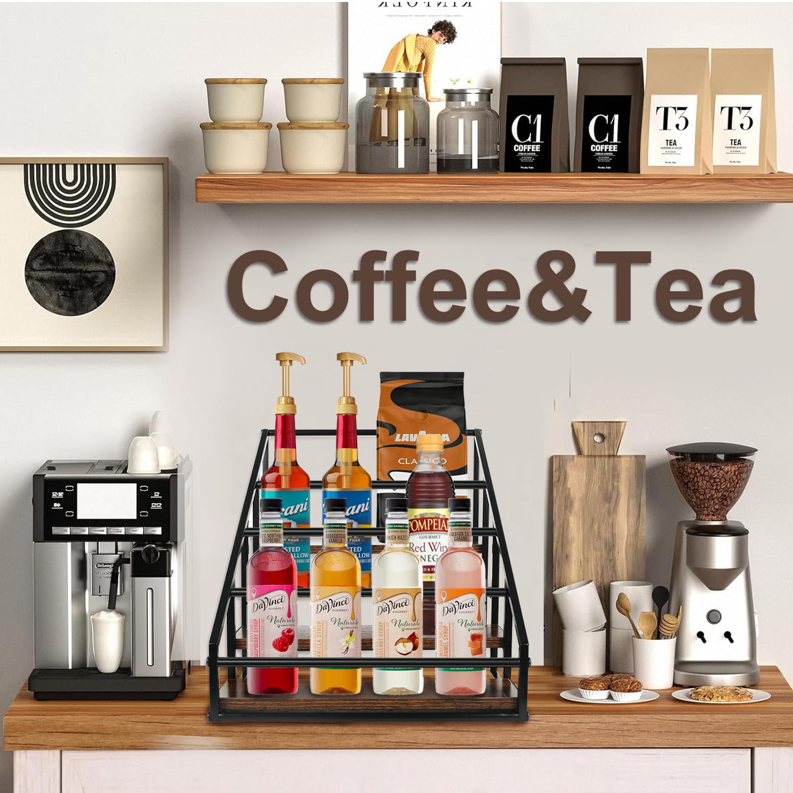 YQBRAO Coffee Syrup Organizer, 4-Tier 16 Bottles Coffee Syrup Rack for Coffee Bar, Coffee Syrup Stand for kitchen coffee station, Coffee Syrup Holder for Syrup, Wine, Dressing