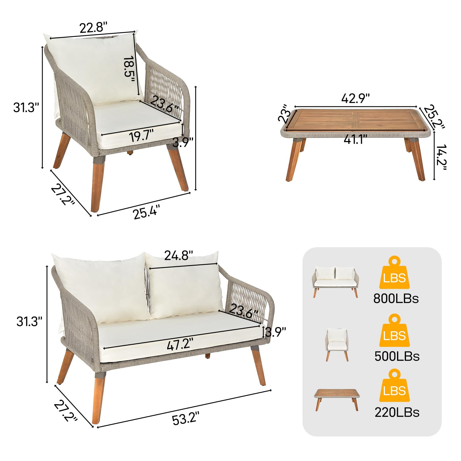 Outvita Patio Furniture 4pcs Outdoor Conversation Sofa Set with Gray Sofa&White Cushion Coffee Table, Loveseat and Single Chair for Backyard Garden Terrace Balcony