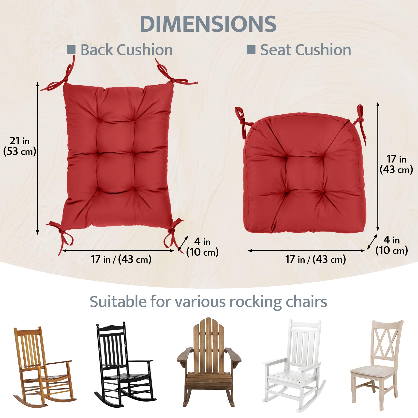 mudilun Rocking Chair Cushion Non-Slip Tufted Indoor/Outdoor Rocking Chair Cushions 80% Water Proof with Straps for Living Room Baby Room Garden High Back Rocking Chair Pads (Red)