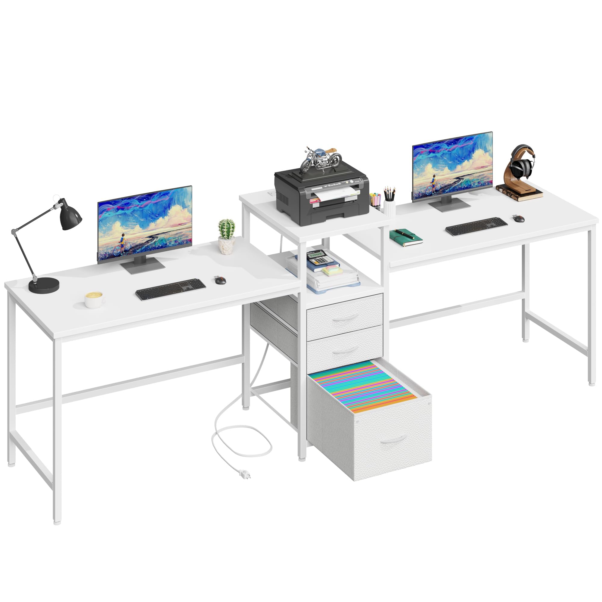 GYIIYUO 94.5'' Two Person Desk with Charging Station, Long Desk with 3 Drawers and Printer Shelf, Double Computer Desk, Fabric Drawers, 2 Person Writing Study Table Workstation for Home Office, White