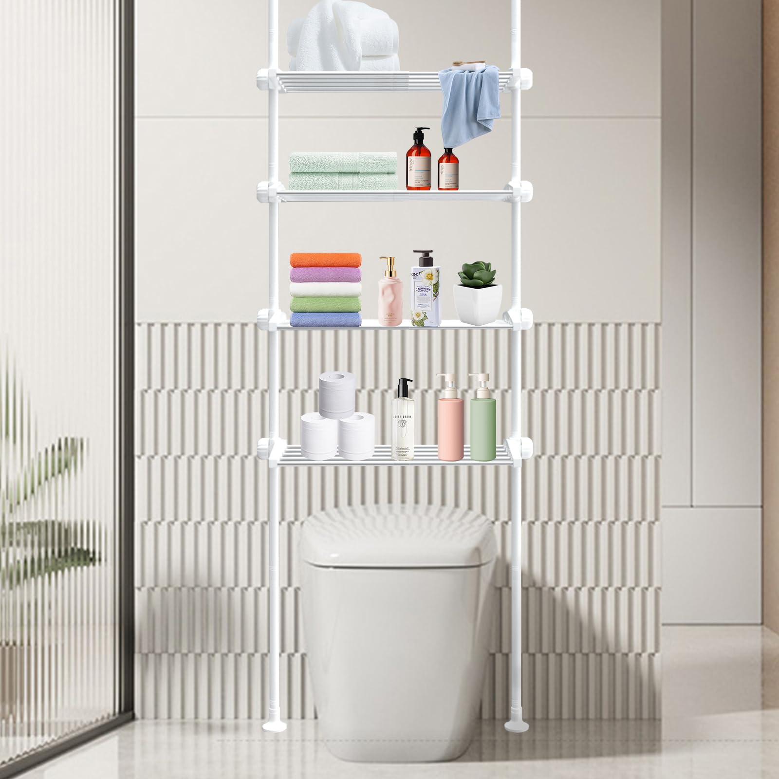 BsBsBest Over The Toilet Storage, 91-124 Inch Adjustable Bathroom Organizer, 4-Tier Toilet Rack Storage Shelf, Stainless Steel Bathroom Organizer, Spacesaver, White