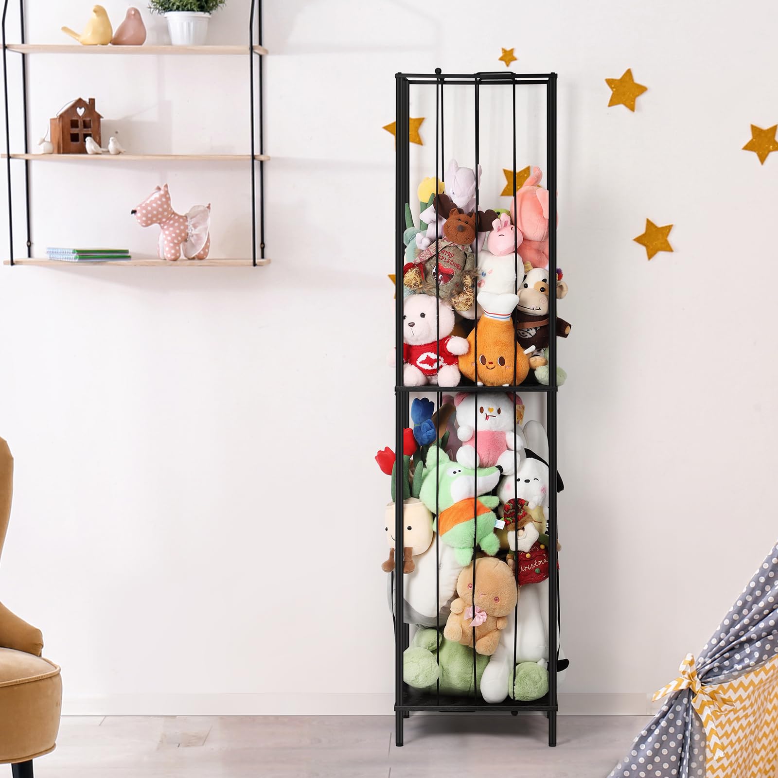 OYEAL Stuffed Animal Storage Zoo 64'' Kids Toy Ball Storage Organizer Metal Plushies Toy Storage Holder with Elastic Rope and Shelf for Playroom Birthday Gift for Bedroom Nursery, Black