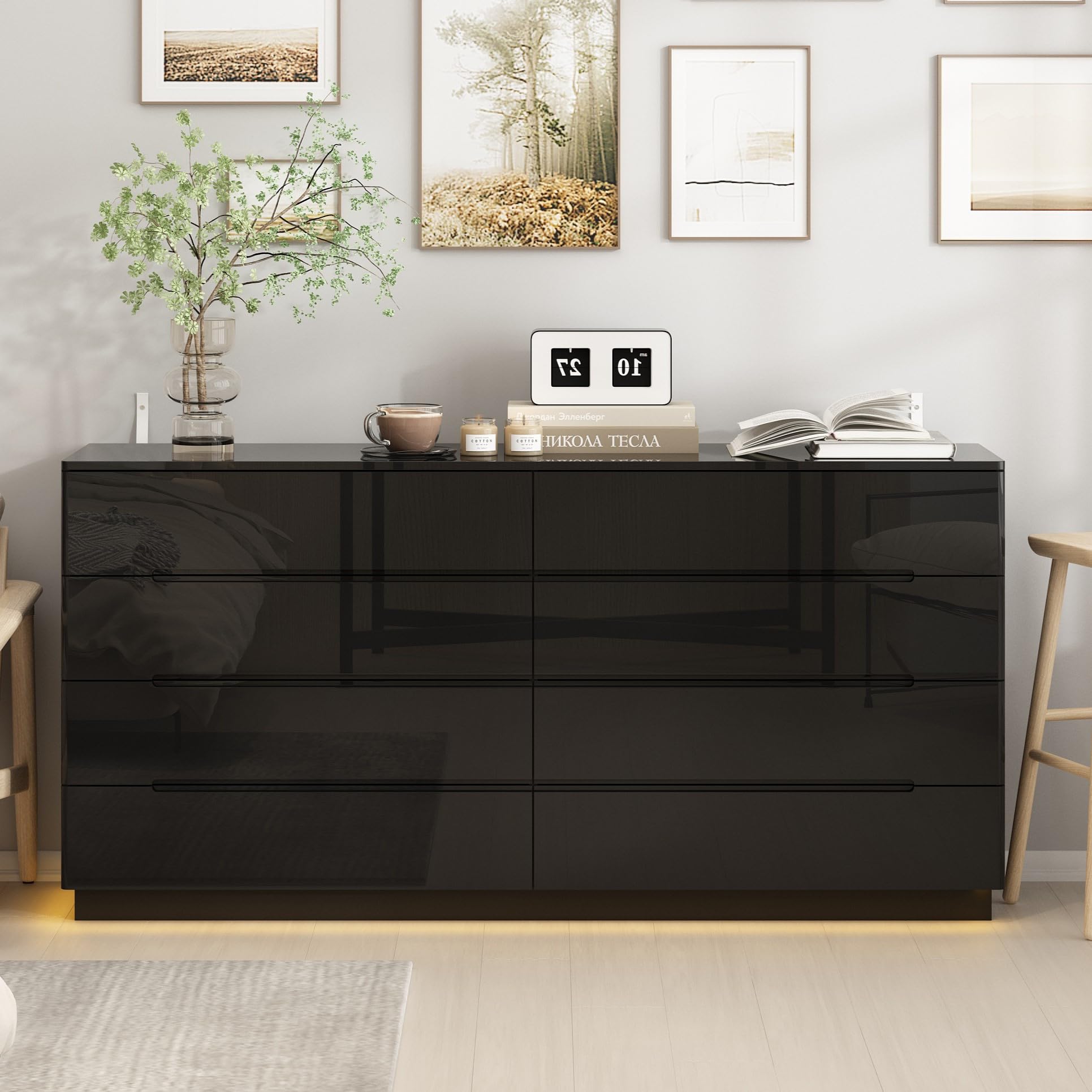 Hitow Bedroom Dressers with 8 Drawers, Wooden Wide Dresser with Light, Modern Black Dresser for Bedroom, Double Dresser Chest of Drawers, High Gloss, LED Light, Black, 63”W x 15.7”D x 30.9”H