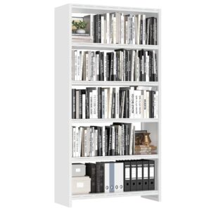 oseillc 5-tier bookshelf, white bookshelf with storage shelves, metal bookshelves, 69" tall bookcase for living room, library, office, bedroom, including book stopper