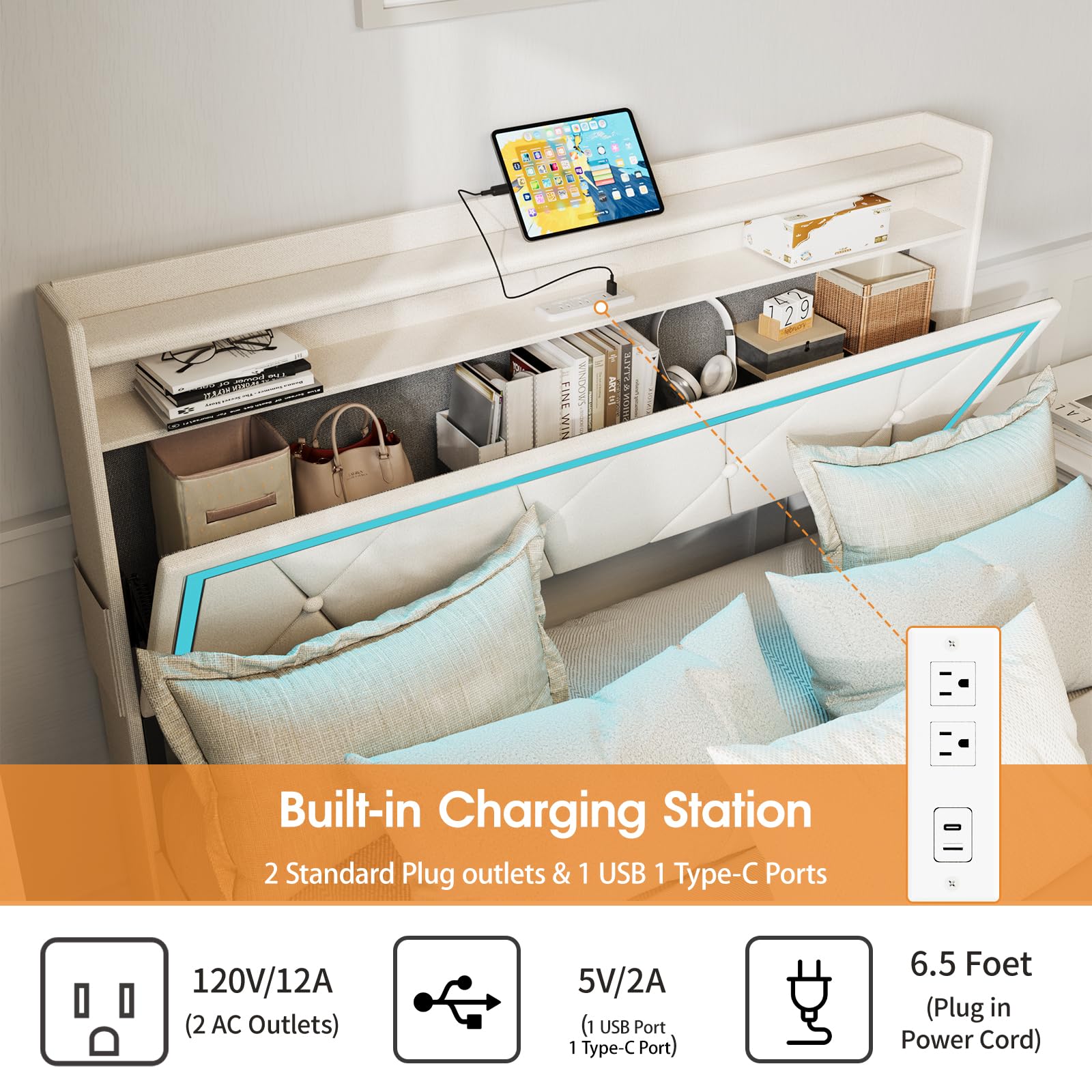 Full Size Bed Frame with Storage Headboard and 4 Drawers, Platform Bed Frame with Charging Station & RGB Lights, Noise-Free, Heavy Duty Wood Slats, No Box Spring Needed, Noise-Free