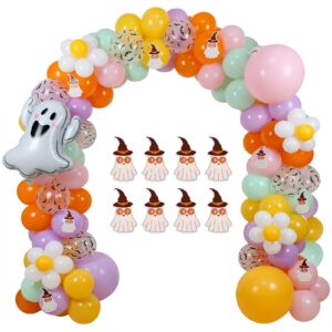 groovy halloween decorations, groovy halloween balloon arch with cute halloween ghost-shaped card for halloween theme groovy party decorations halloween baby shower birthday party supplies