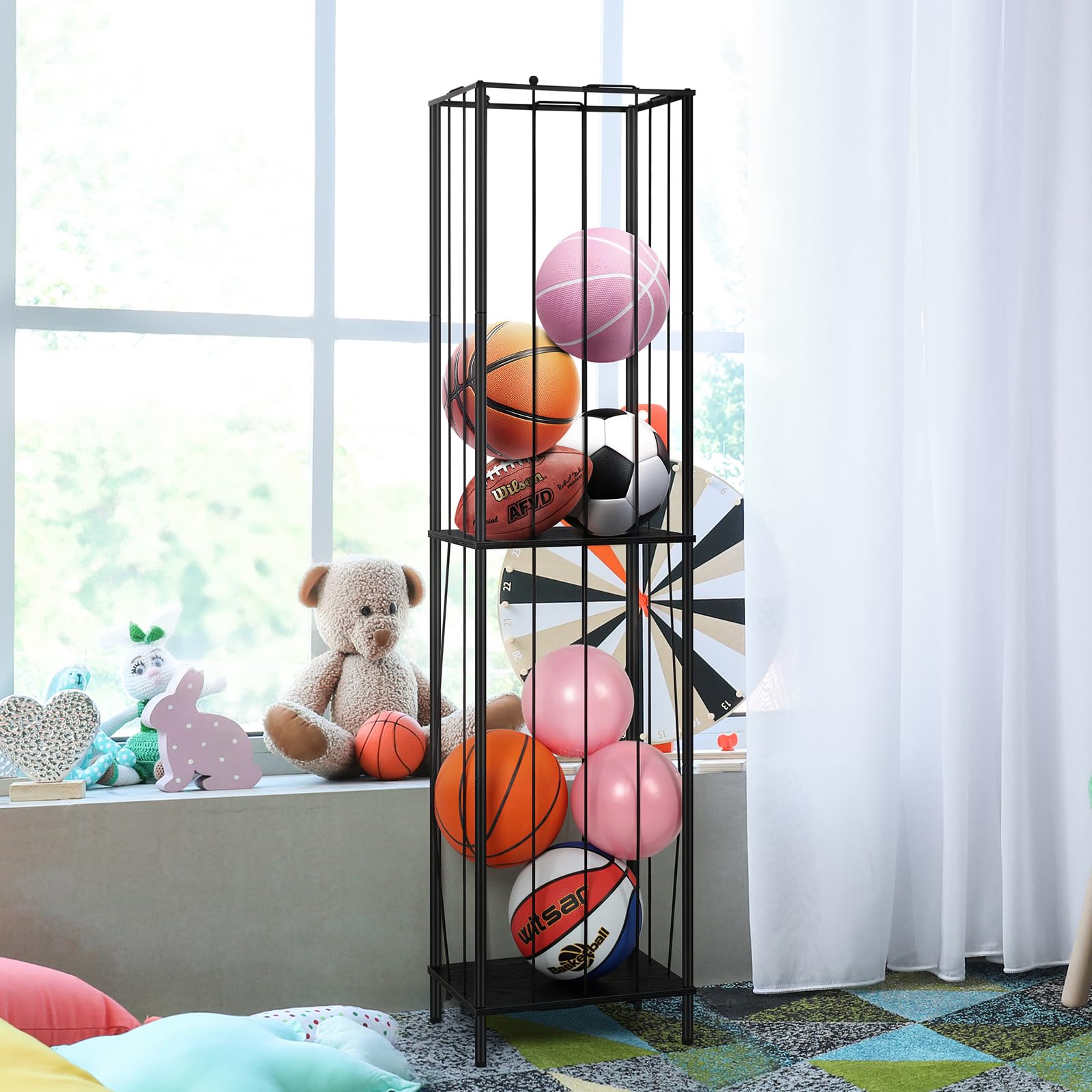 OYEAL Stuffed Animal Storage Zoo 64'' Kids Toy Ball Storage Organizer Metal Plushies Toy Storage Holder with Elastic Rope and Shelf for Playroom Birthday Gift for Bedroom Nursery, Black