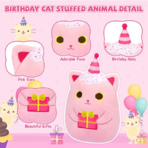 Leokawin Birthday Plush Pillow,Birthday Cat Stuffed Animal Toy,Cute Pinks Cat Stuffed Animal with Gifts, Happy Birthday Cat Plush Toy,Soft Cat Plushie Birthday Gifts for Kids Girl