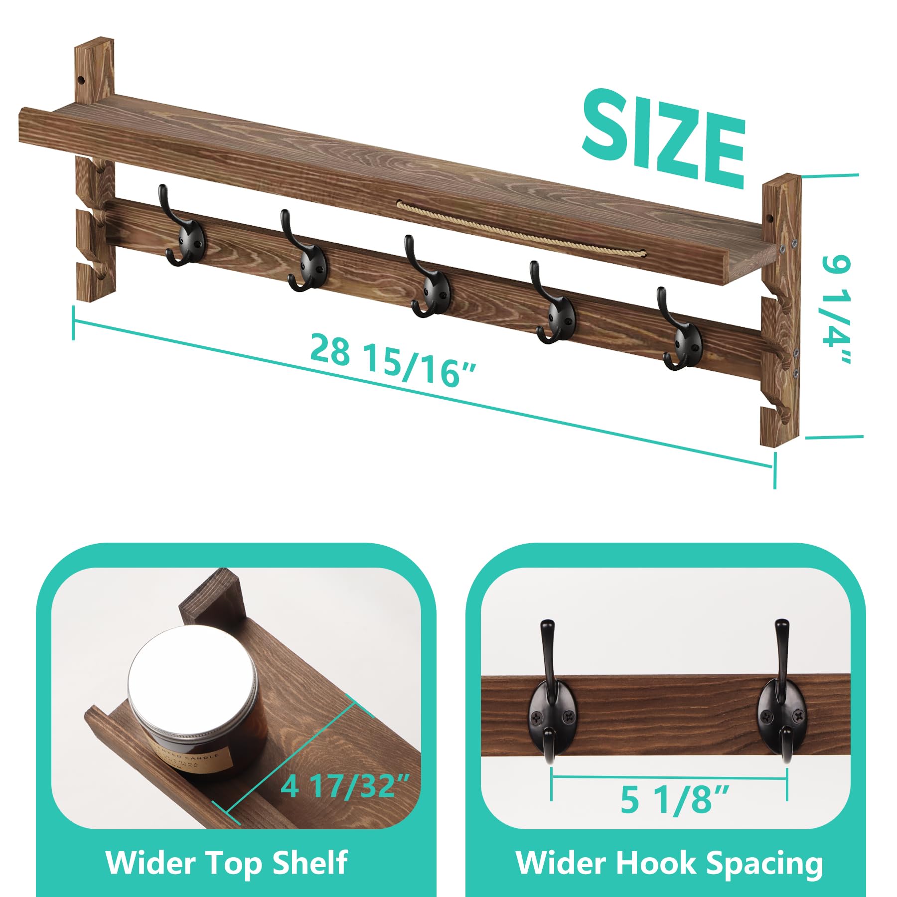 AMBIRD Wall Hooks with Shelf 28.9inch Entryway Wall Hanging Shelf Wood Coat Hooks for Wall with Shelf Coat Rack Wall Mount Rack with 5 Dual Hooks with Glasses Organizer and Hat Organizer