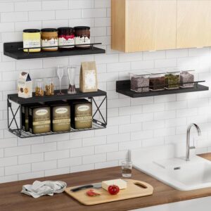 Hoiicco Bathroom Shelves with Metal Guardrail, Wood Floating Shelves Over Toilet with Wire Storage Basket, Floating Wall Shelves for Bedroom, Living Room, Kitchen and Bathroom-Black