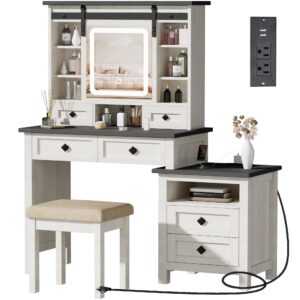 anwbroad farmhouse makeup vanity desk with sliding mirror and lights antique white makeup vanity table set with charging station nightstand 3 colors lights storage shelves cushioned stool ubdt56w01