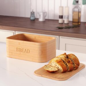 Danfoxer Bamboo Bread Box for Kitchen Countertop,Curved Bamboo Bread Boxes with Cutting Board Lid,Wooden Bread Storage,Bread Container Airtight,Food Storage for Kitchen Counter(Natural)