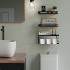 Hoiicco Bathroom Shelves with Metal Guardrail, Wood Floating Shelves Over Toilet with Wire Storage Basket, Floating Wall Shelves for Bedroom, Living Room, Kitchen and Bathroom-Black