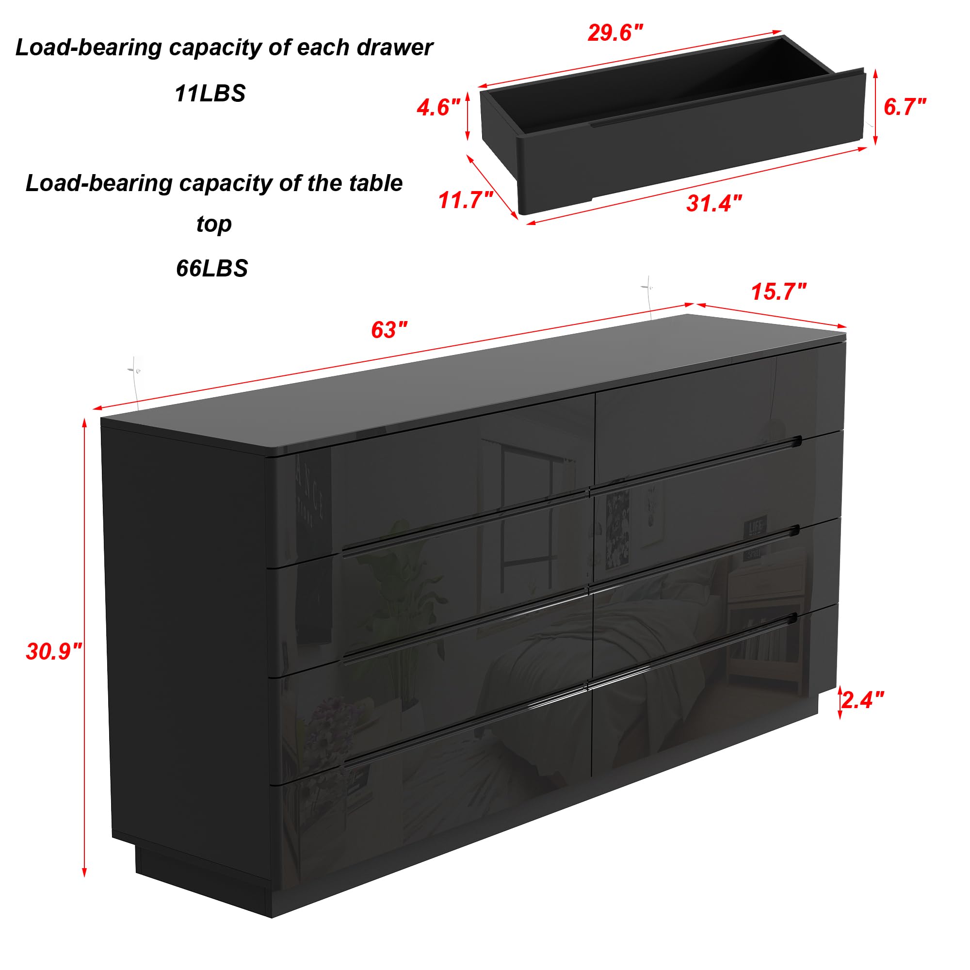 Hitow Bedroom Dressers with 8 Drawers, Wooden Wide Dresser with Light, Modern Black Dresser for Bedroom, Double Dresser Chest of Drawers, High Gloss, LED Light, Black, 63”W x 15.7”D x 30.9”H