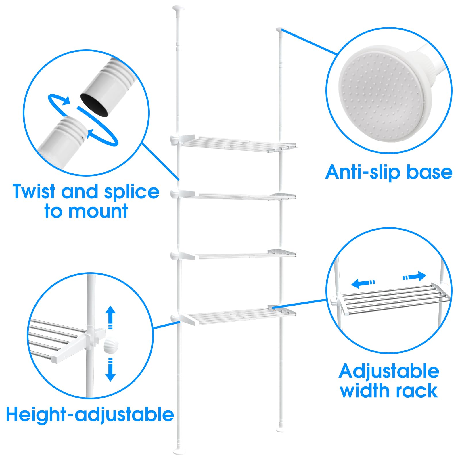 BsBsBest Over The Toilet Storage, 91-124 Inch Adjustable Bathroom Organizer, 4-Tier Toilet Rack Storage Shelf, Stainless Steel Bathroom Organizer, Spacesaver, White