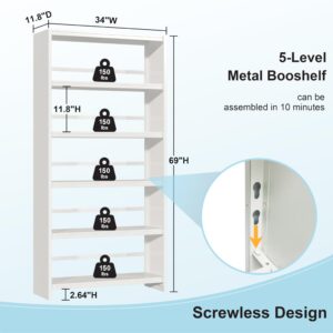 CBNTKI 69" White Bookshelf, 5 Tier Tall Bookcase with Bookend, Large Metal Book Shelf Display Storage Shelves for Bedroom Living Room Office