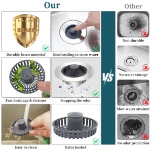 New Upgraded 3 in 1 Kitchen Sink Bounce Core Drain Strainer and Stopper, Sink Stopper with an Extra Sink Strainer Basket for US Standard 3-1/2 Inch Brass Electroplate Silver