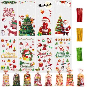 toptime christmas treat bags, 160pcs christmas cellophane candy bags with ties, clear christmas goody bags with santa claus xmas tree snowman reindeer, cello cookie bags for holiday party favor