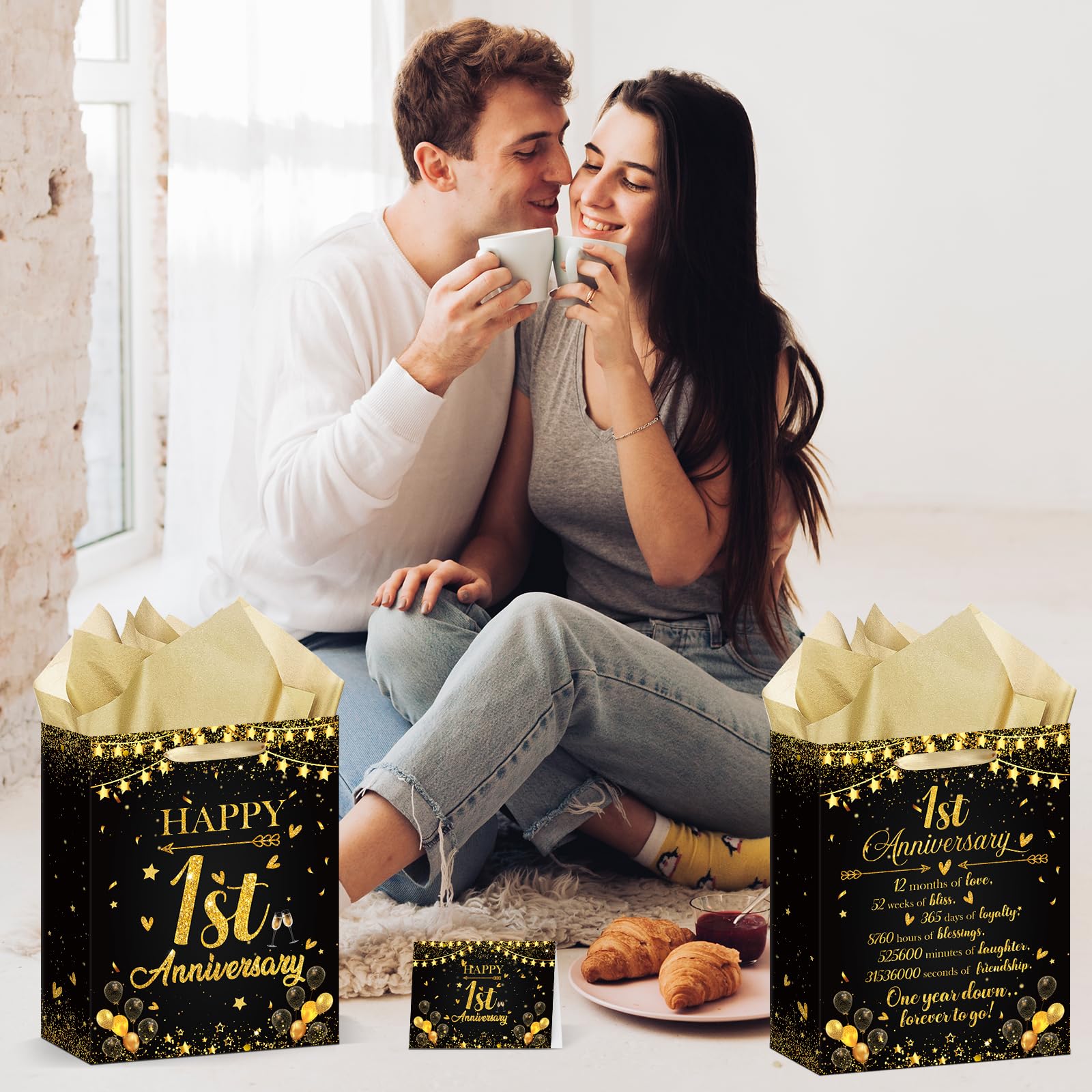 1st Anniversary Paper Gift Bag Black Gold One Year Wrapping Paper Bag with Tissue Paper Card Happy First Wedding Anniversary Party Gift Bag for Couple Wife Husband 1st Wedding Anniversary Decorations