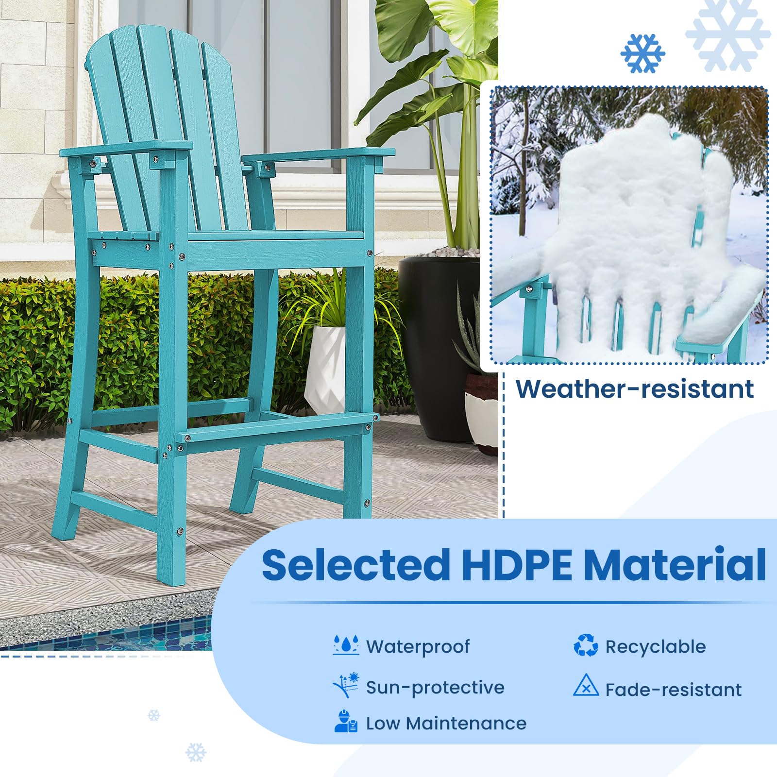 Tangkula Outdoor Tall Adirondack Chair 30 Inches Seat Height, HDPE Bar Height Patio Chair with High Backrest, Armrests and Footrest, Outdoor Bar Stool for Balcony Deck Garden Poolside (2, Turquoise)