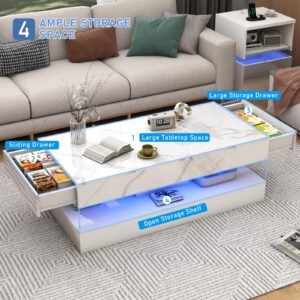 chartustriable 47inch Large High-Glossy LED Coffee Table with 2 Sliding Drawers, Living Room Storage Tables with Marbling Print, Modern Stylish Double-Layer Center Tables w/LED Lights, White