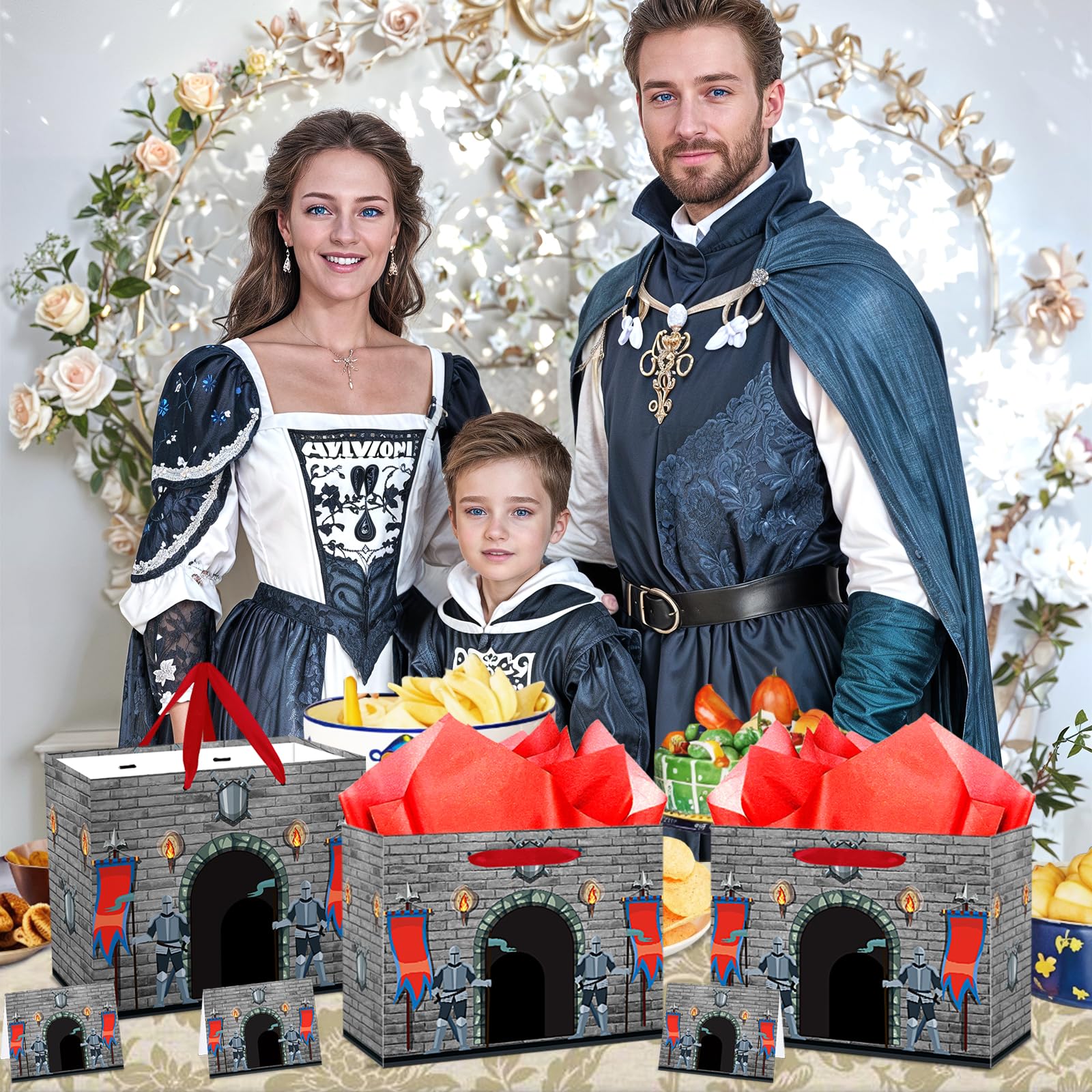 Large Medieval Party Gift Bags Castle Knight Favor Bags with Tissue Paper Card Medieval Castle Princess Knight Wrapping Paper Bags for Boys Girls Birthday Medieval Halloween Party Decorations Supplies