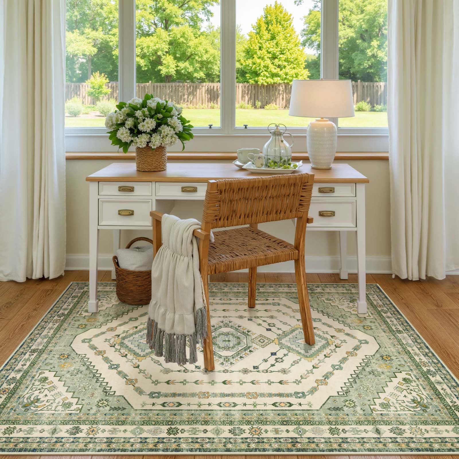 Boho Sage Green Area Rug 5x7 Living Room Rugs,Colorful Southwestern Rug for Bedroom,Large Dining Room Nursery Rug Non Slip,Washable Farmhouse Carpet for Playroom Entryway(Green/Beige/Multi,5'x7')