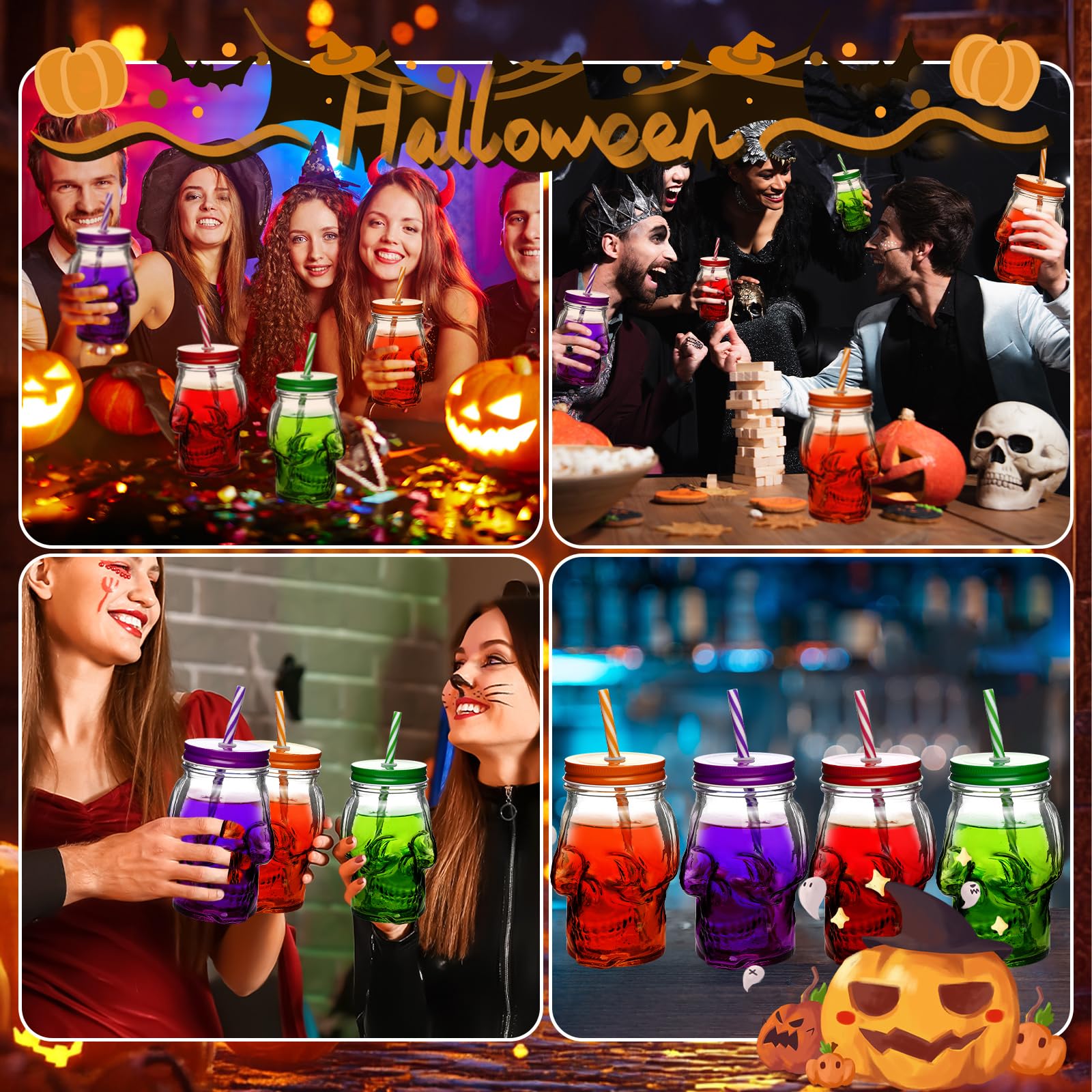 4 Pcs Halloween Skull Mason Jars with Lids 16 Oz Halloween Drinking Glasses with Skull, Skull Mason Jars with Straw, Mason Jar Cup for Halloween Party (Set of 4, Orange, Purple, Red and Green)