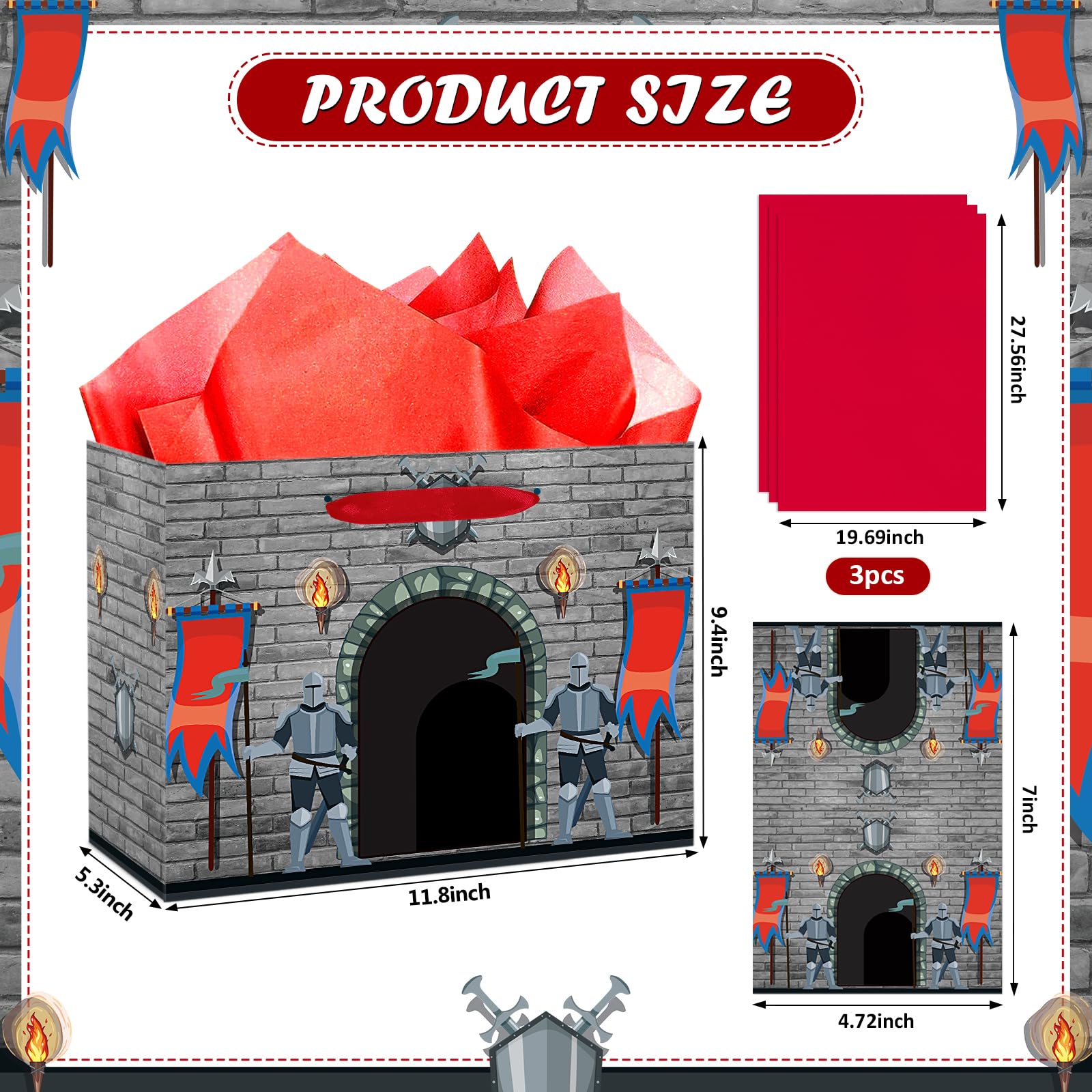 Large Medieval Party Gift Bags Castle Knight Favor Bags with Tissue Paper Card Medieval Castle Princess Knight Wrapping Paper Bags for Boys Girls Birthday Medieval Halloween Party Decorations Supplies